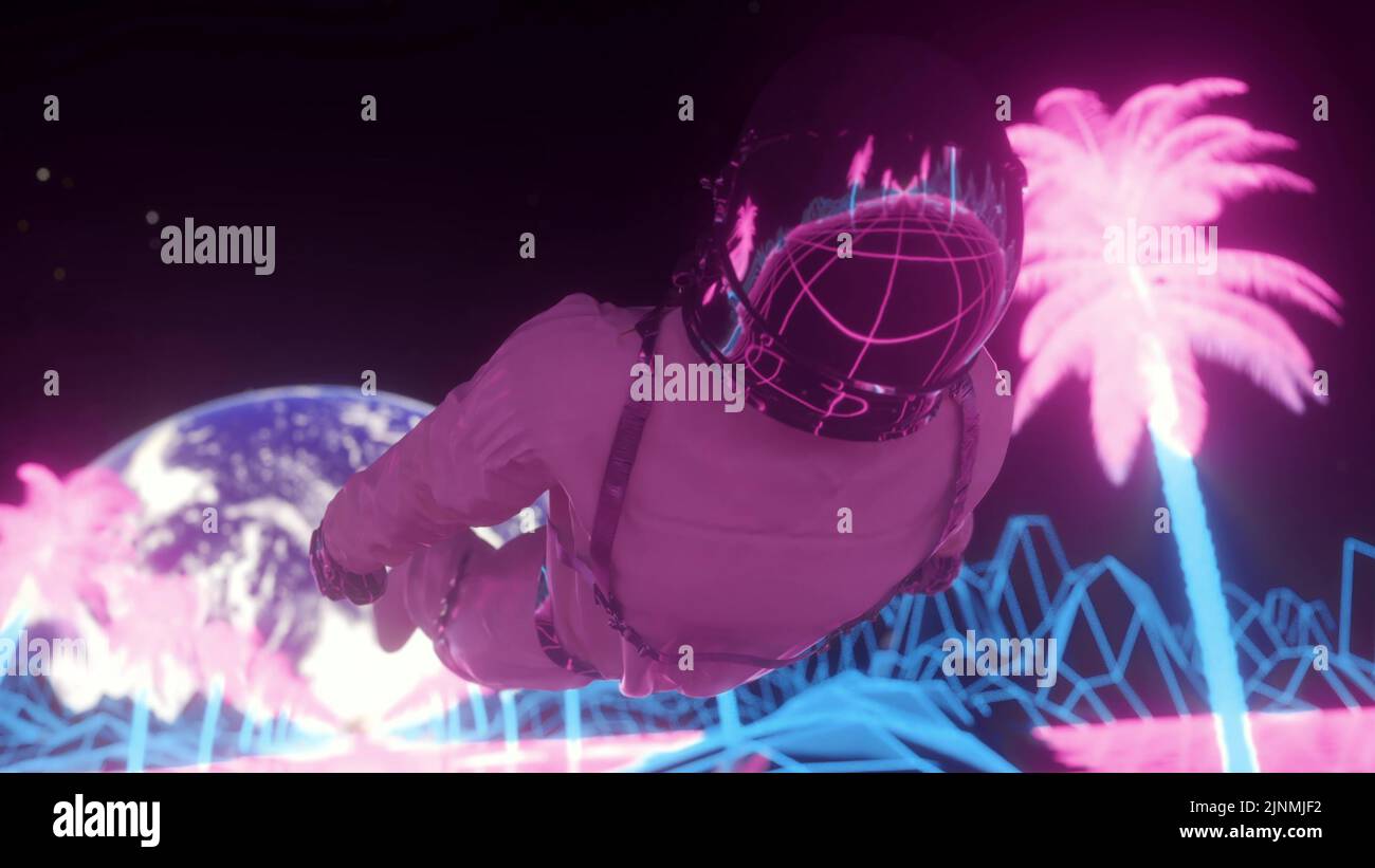 Astronaut surrounded by flashing neon lights. Retro 80s style synthwave ...