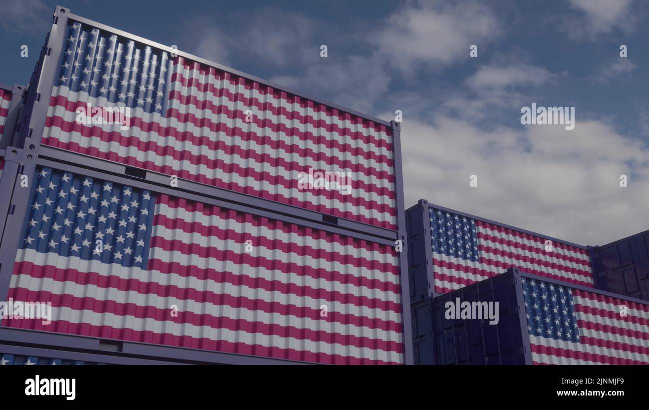 USA flag containers are located at the container terminal. American ...