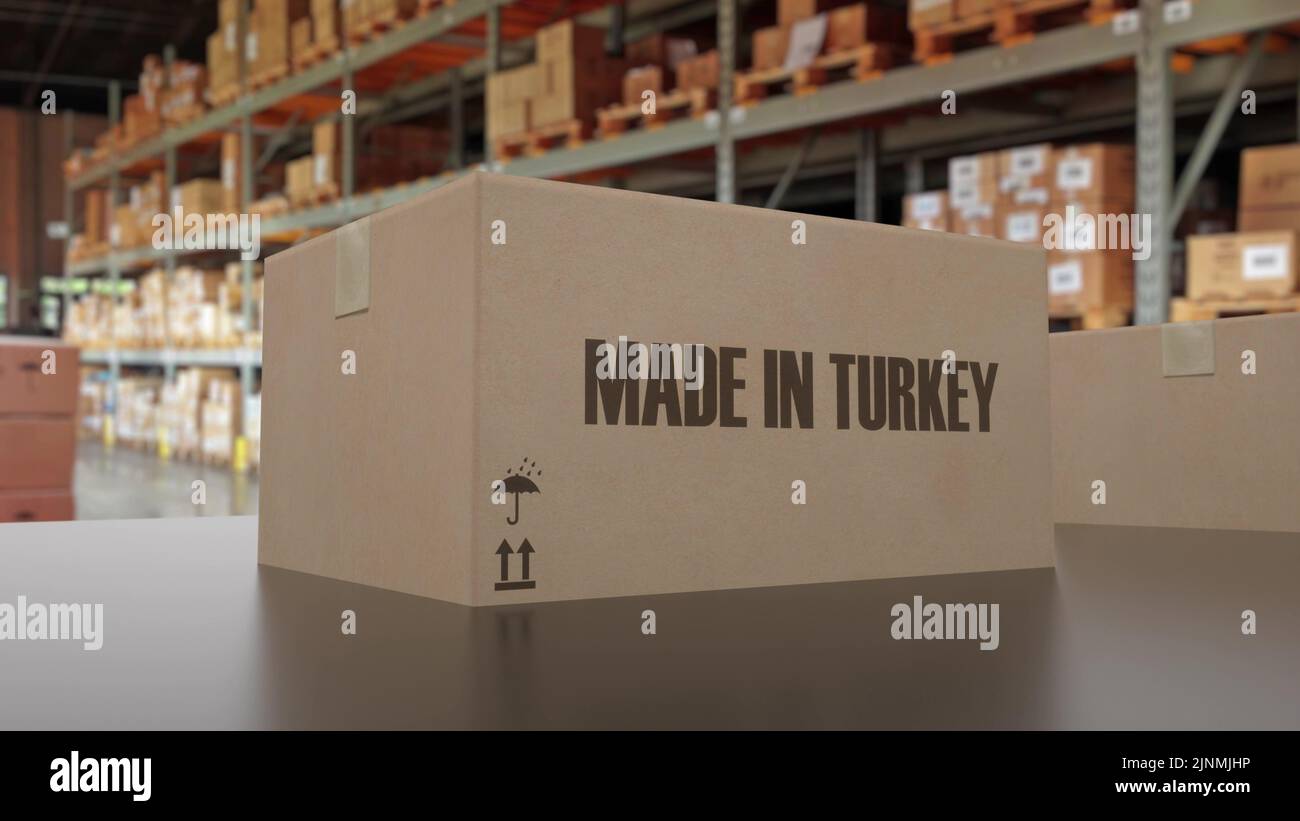 Boxes with MADE IN TURKEY text on conveyor. 3d illustration Stock Photo ...