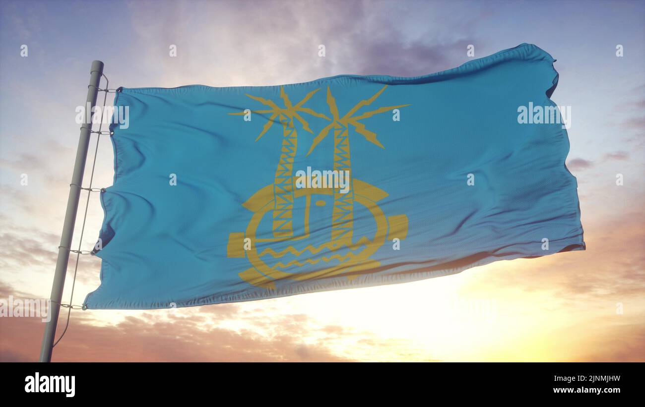 Aswan flag, Egypt, waving in the wind, sky and sun background. 3d ...