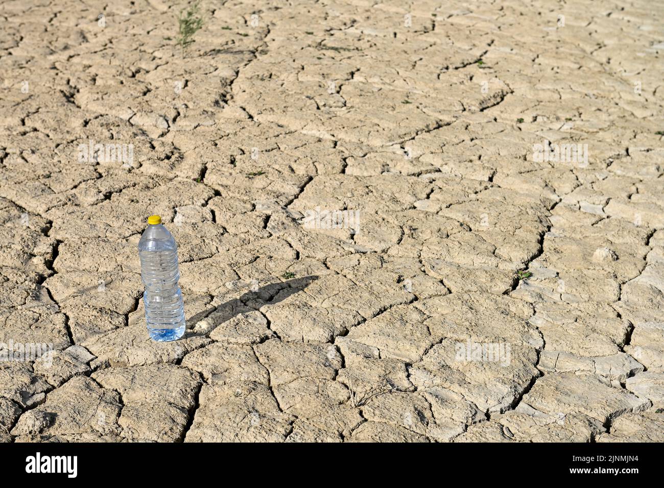 Bottle of water on dry land in southern Europe. Global warming and ...