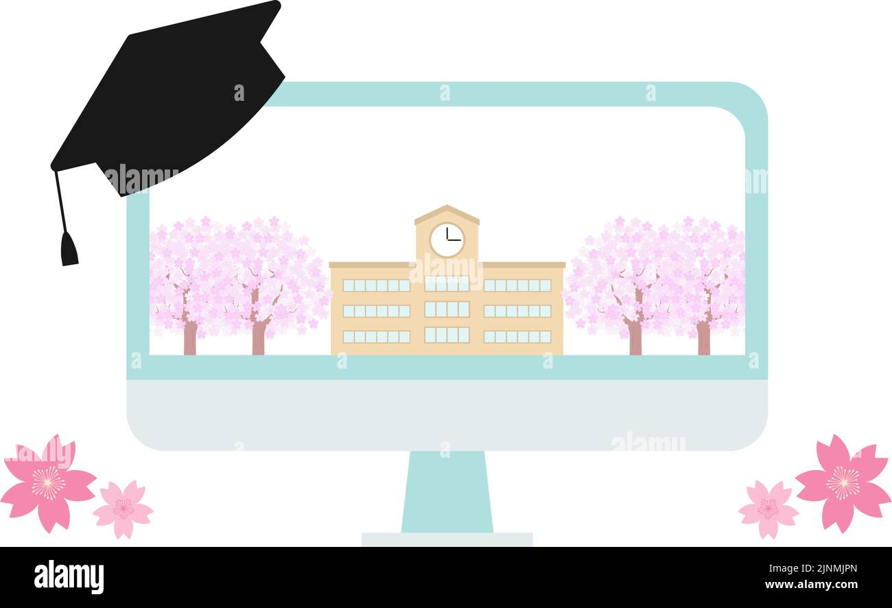 Image of online graduation ceremony, school scenery on the monitor ...