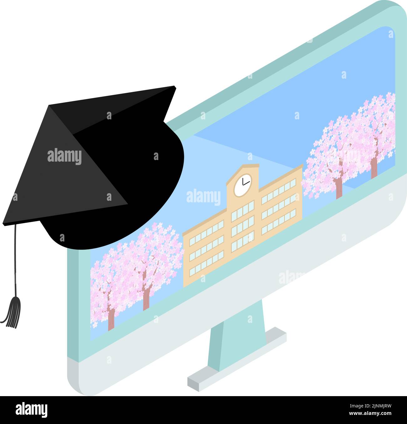 Image of online graduation ceremony, school scenery on monitor ...
