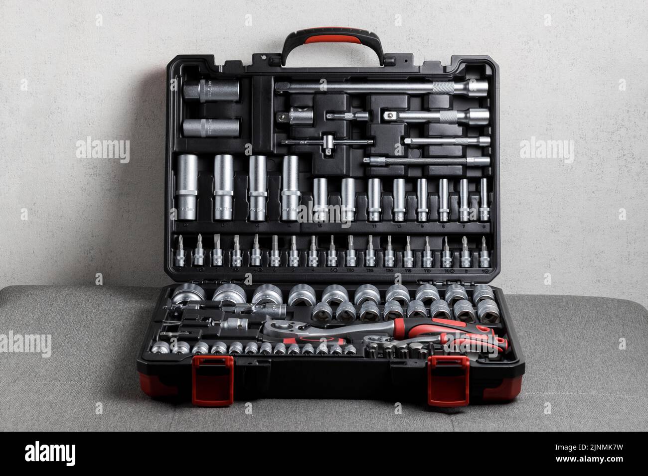 Tool box, details of a set of tools on a gray background. Tools. A set ...