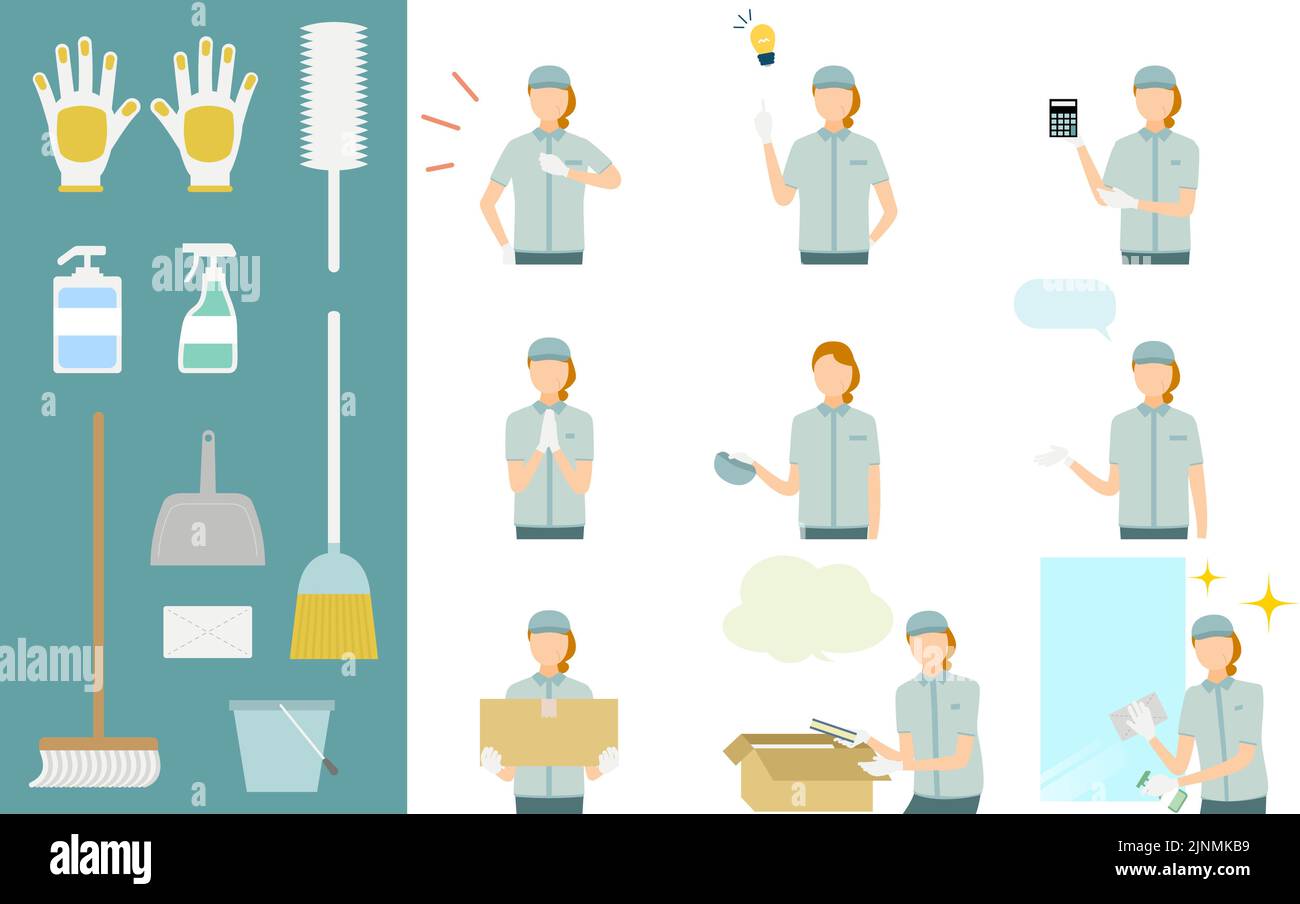 Illustration set of clean staff and cleaning goods, upper body Stock ...