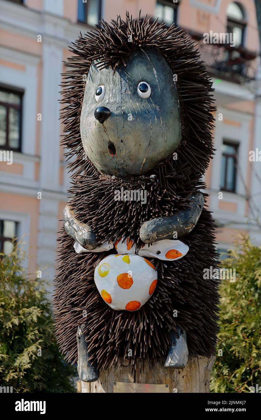 Hedgehog in the fog sculpture in Kyiv Ukraine, closeup. It is dedicated ...