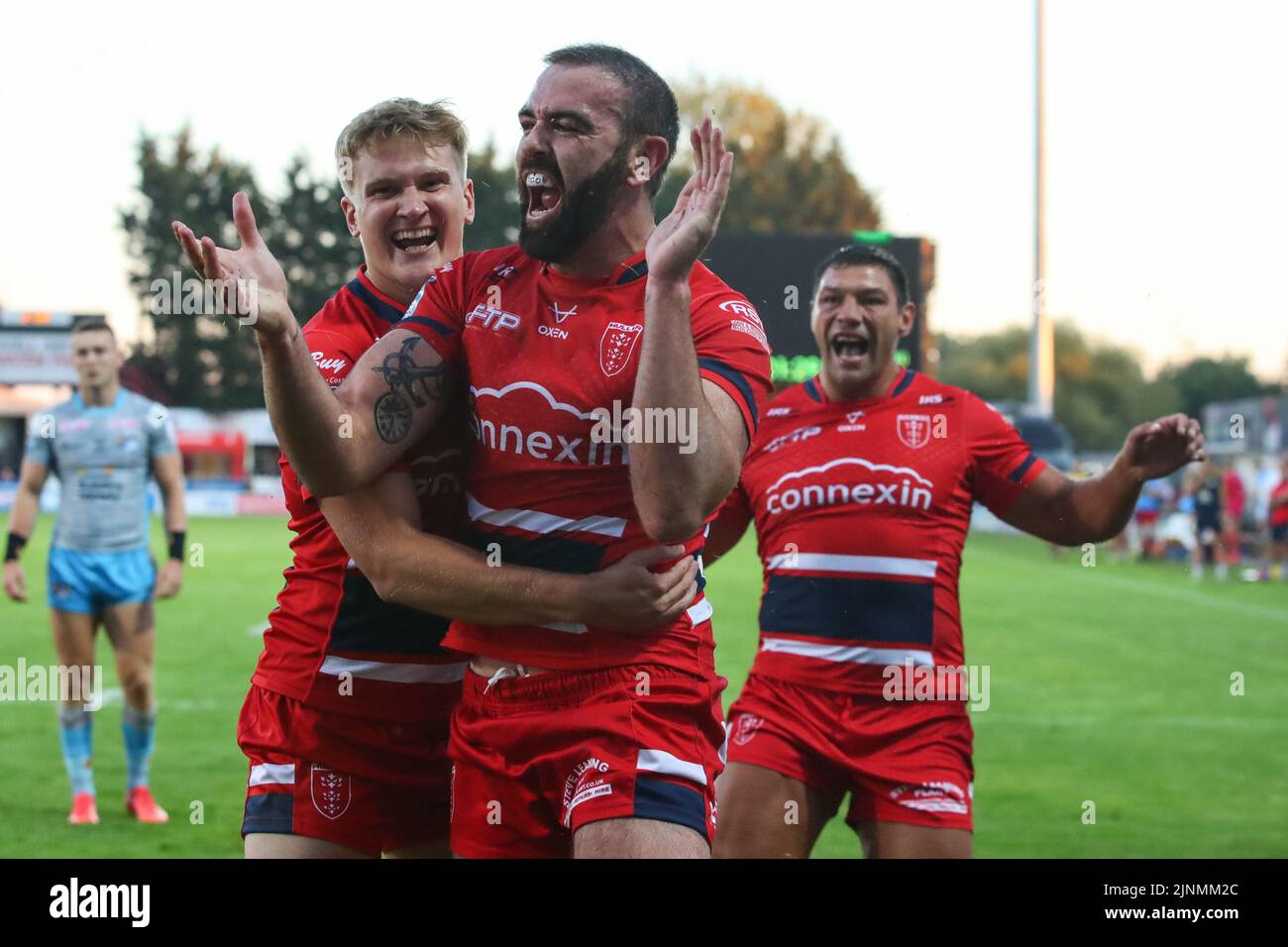 Kane Linnett #12 of Hull KR celebrates his try ] Stock Photo - Alamy