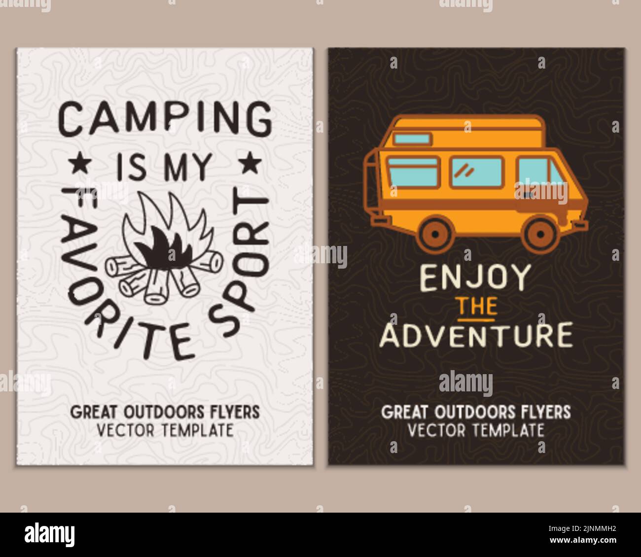 Camping flyer templates. Travel adventure posters set with line art and ...