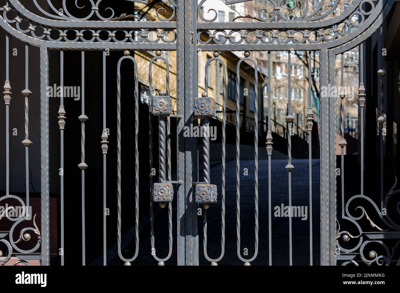 The closed steel gate closeup outdoor Stock Photo - Alamy