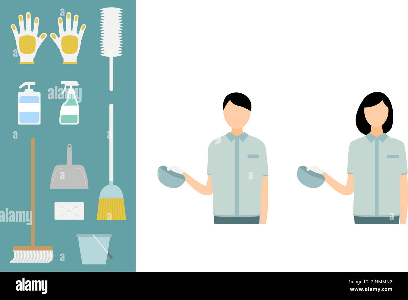 Illustration set of clean staff and cleaning goods, upper body Stock ...