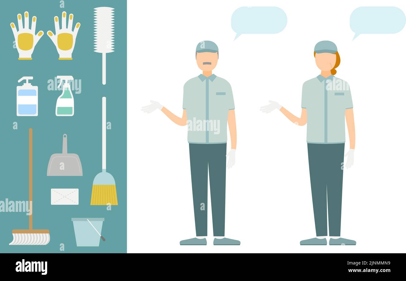 Illustration set of clean staff and cleaning goods, whole body Stock ...