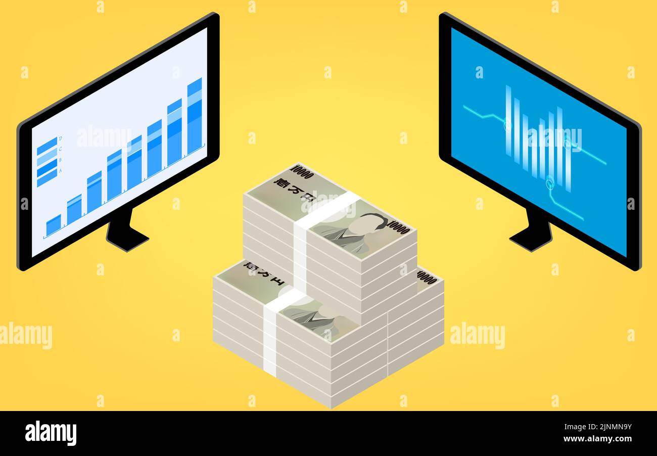 Business image, graph monitor and cash bundle, isometric Stock Vector ...