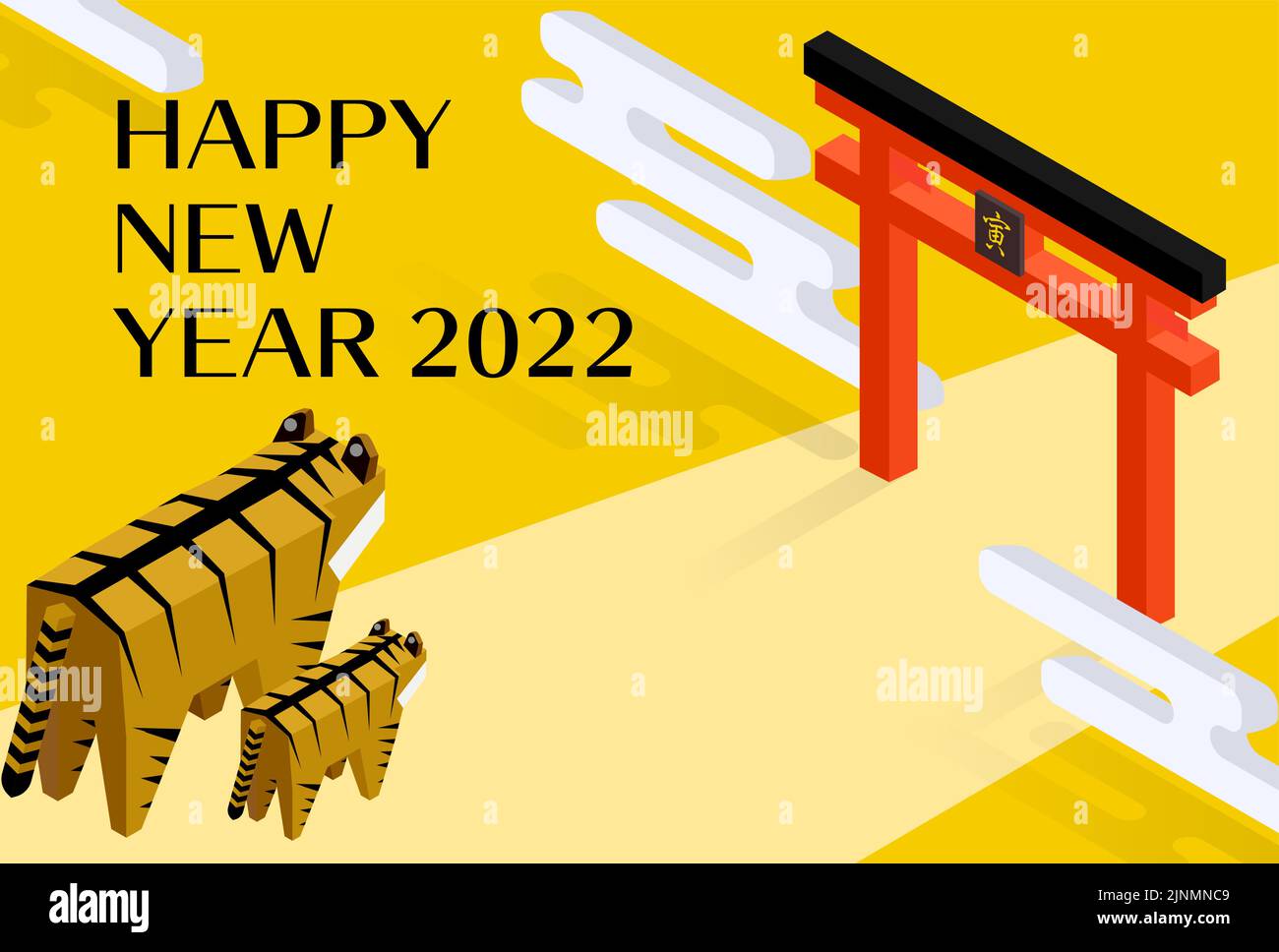 2022 New Year's card Tiger year, tiger parent and child heading to the torii, isometric ...