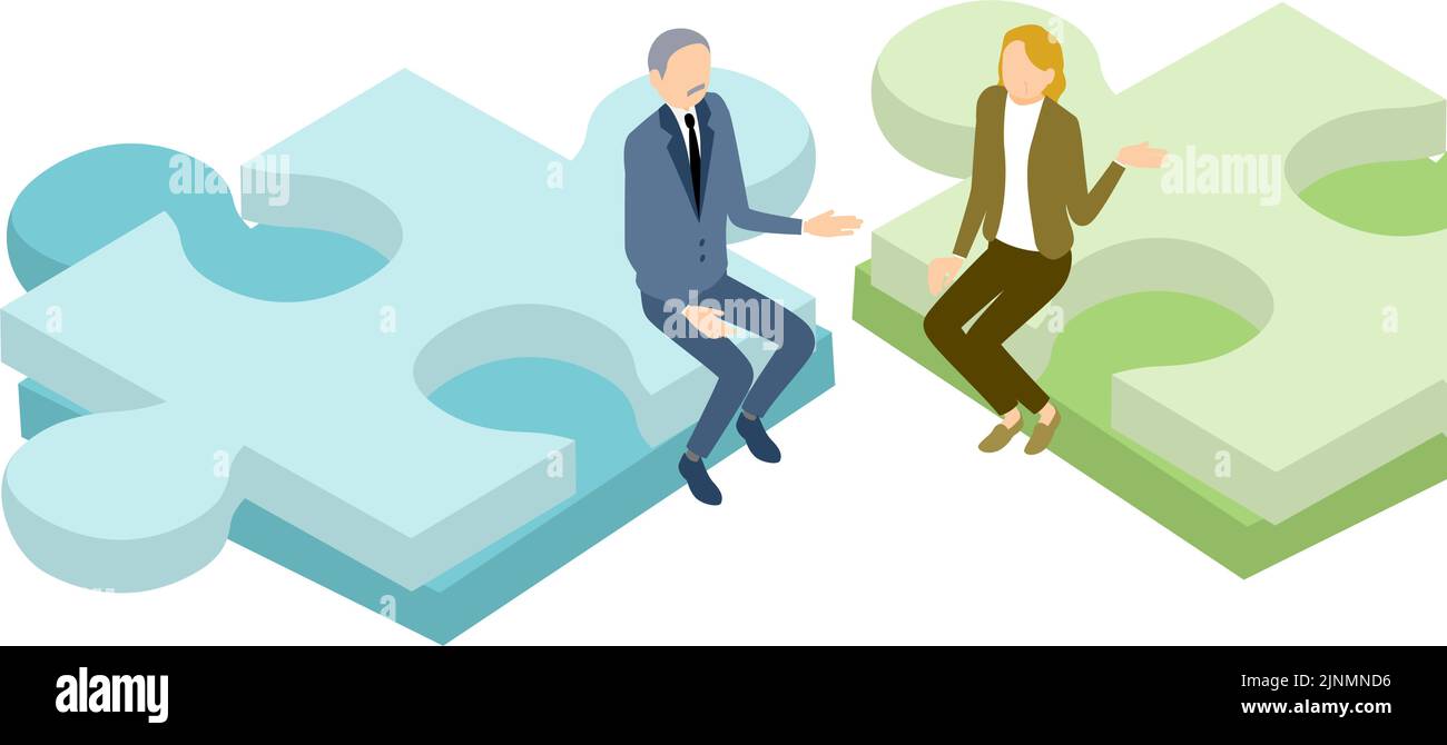 Jigsaw puzzles and businessmen, corporate strategy image, isometric ...