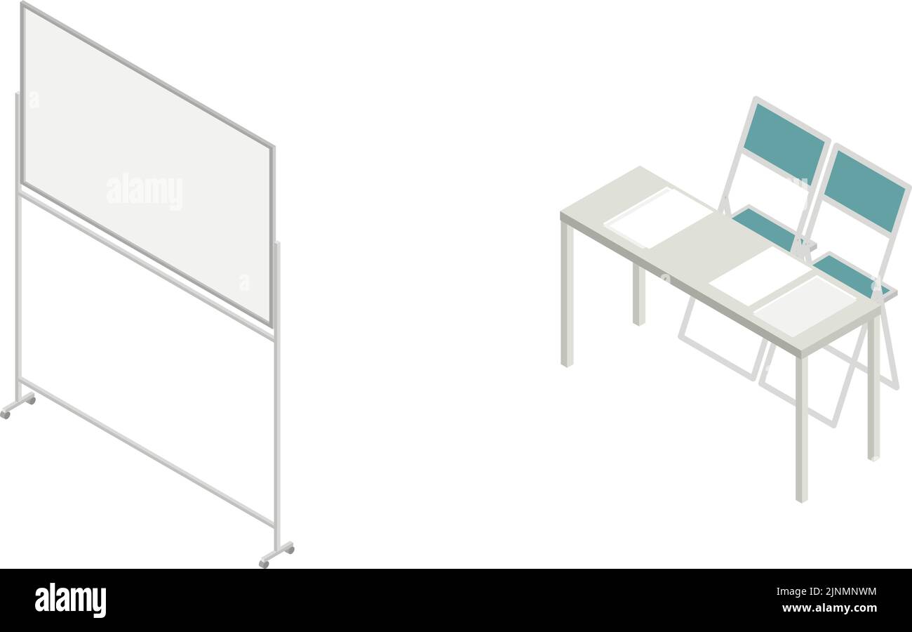 Meeting room with whiteboard, desk and folding chair, isometric Stock ...