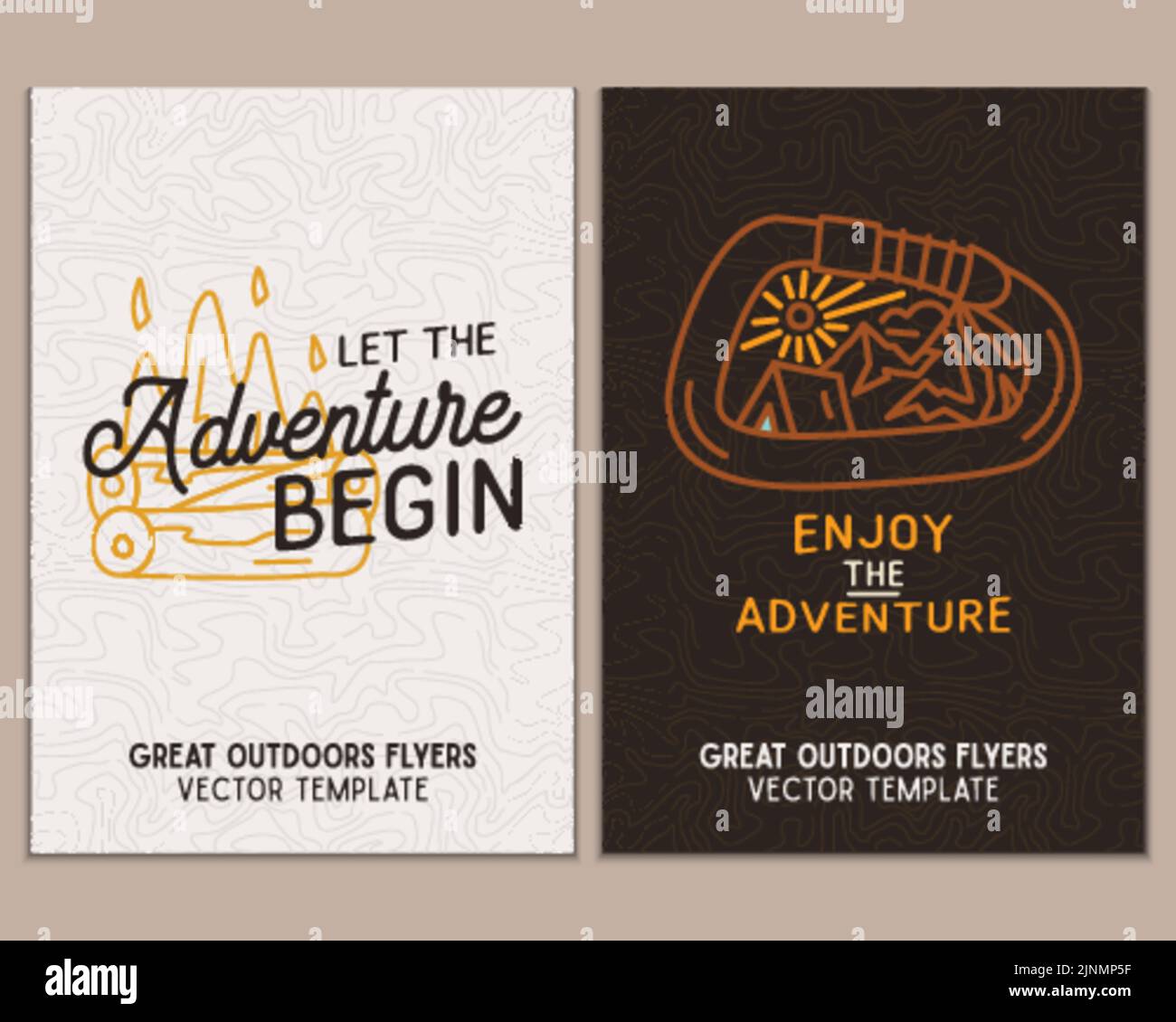 Camping flyer templates. Travel adventure posters set with line art and ...