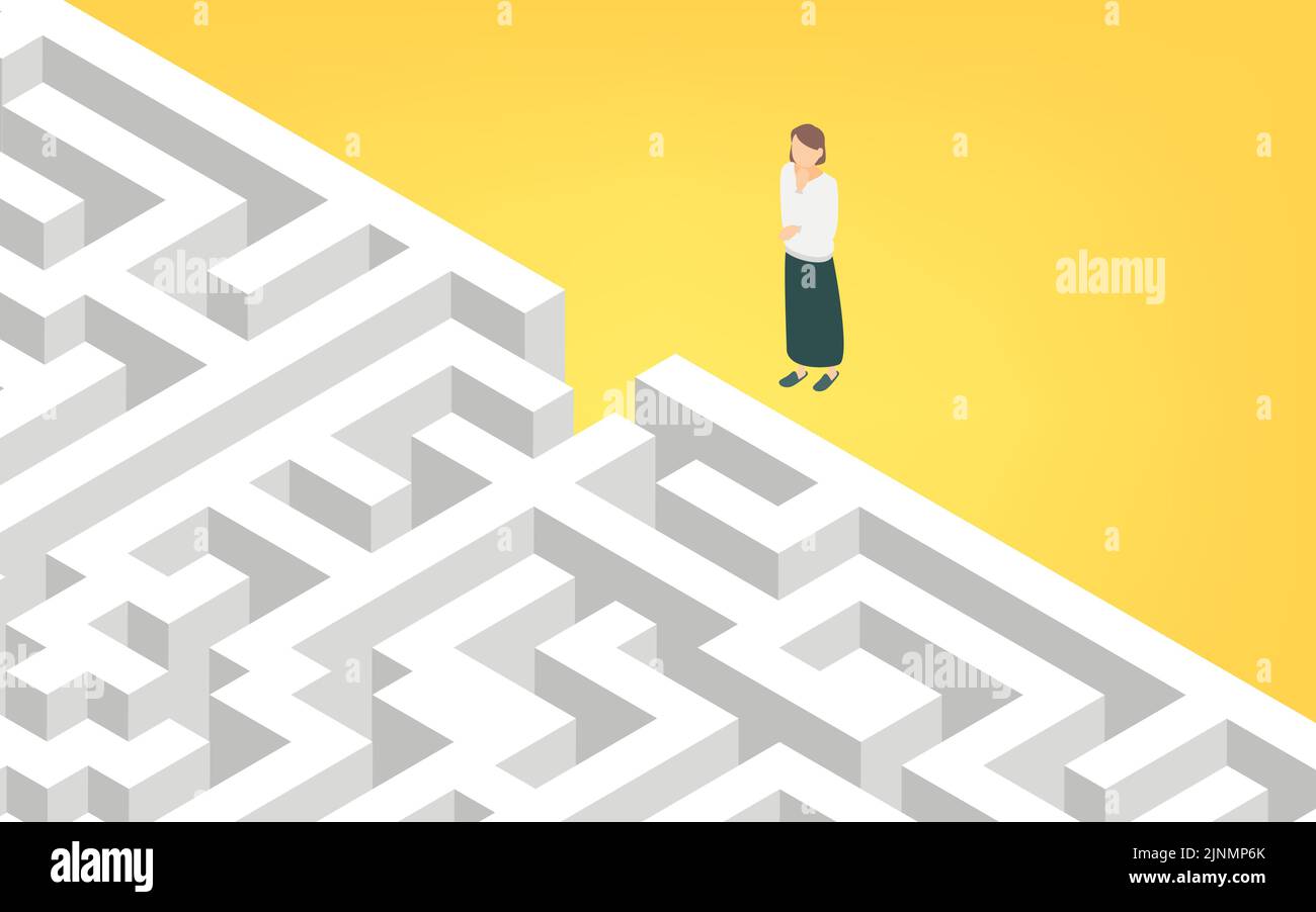 Illustration of a woman hesitating in front of the entrance to the maze ...