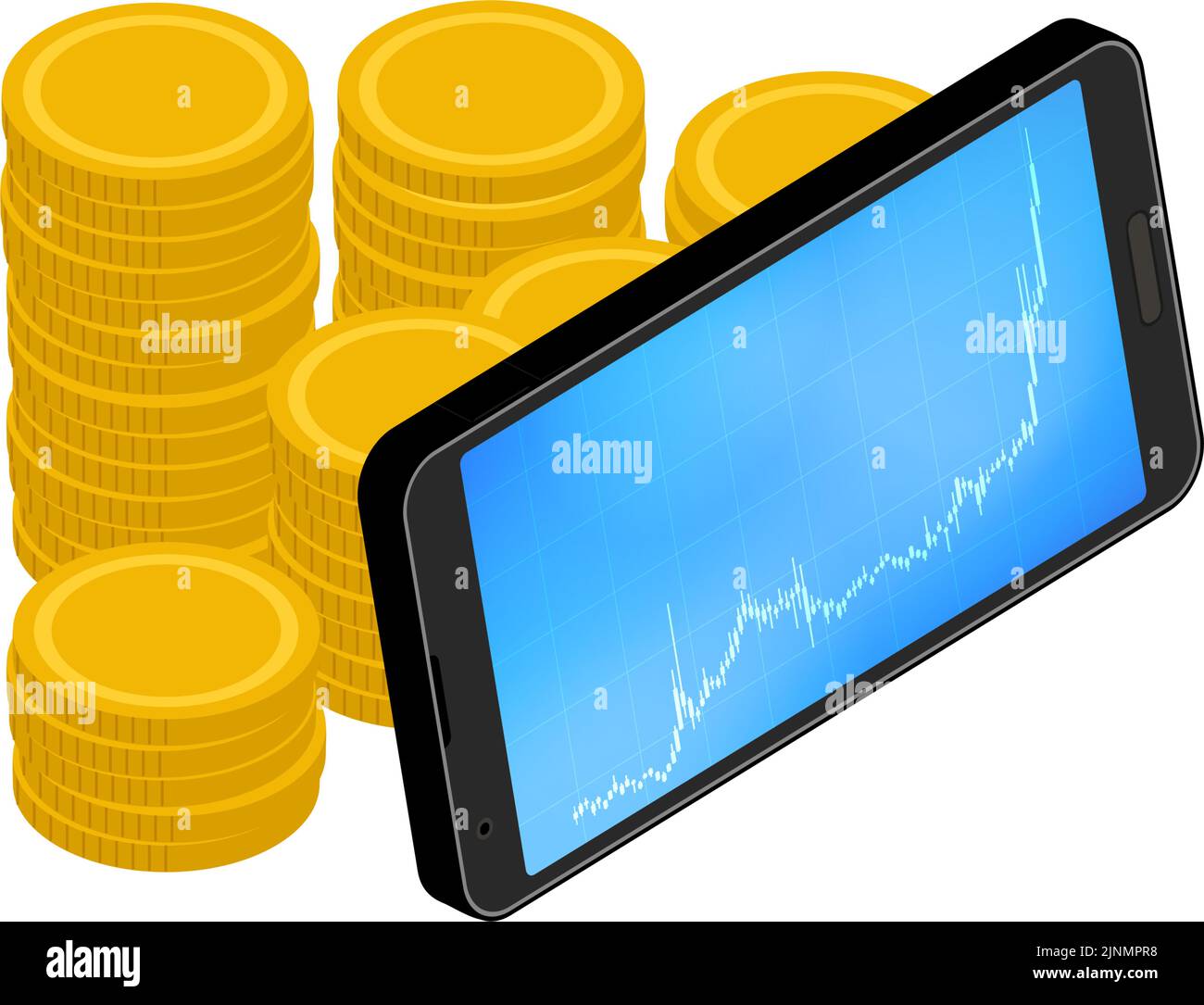 Smartphone screen showing rising chart of virtual currency and virtual ...