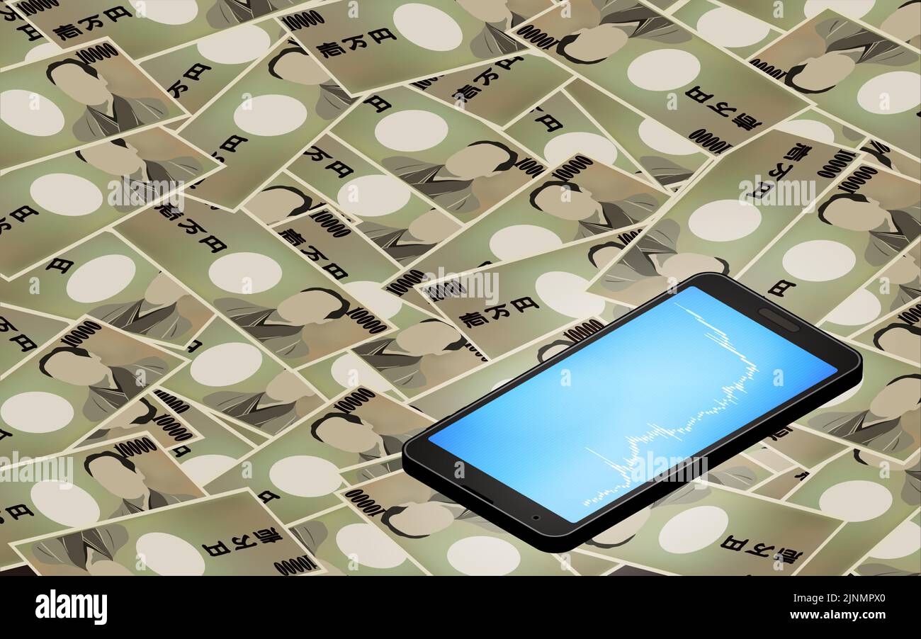 Smartphone screen showing stock price rise chart, 10,000 yen bill ...