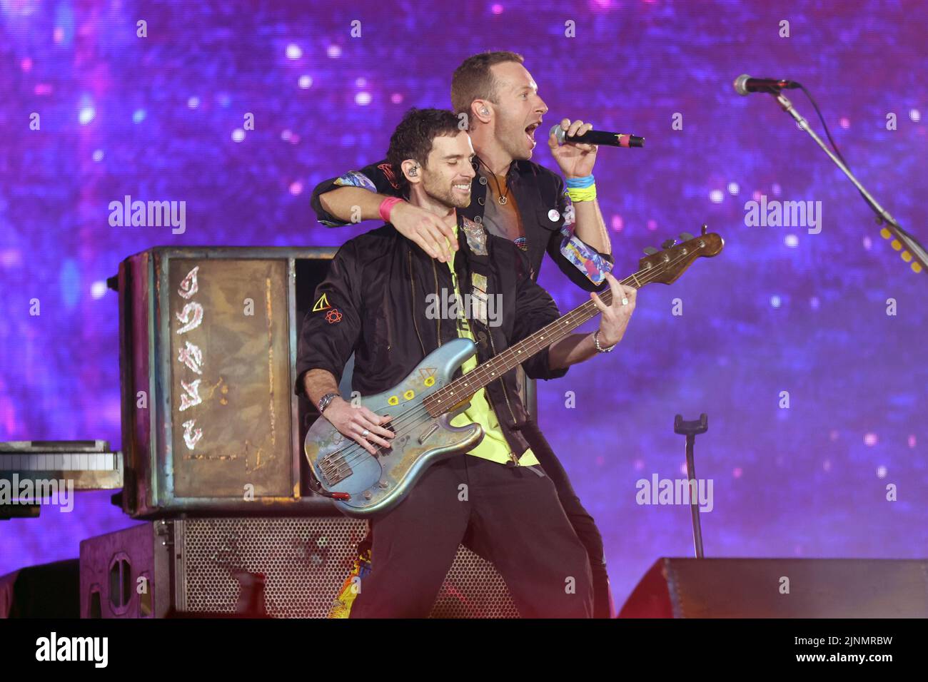 Coldplay performing on stage at Wembley Stadium, north London, during ...