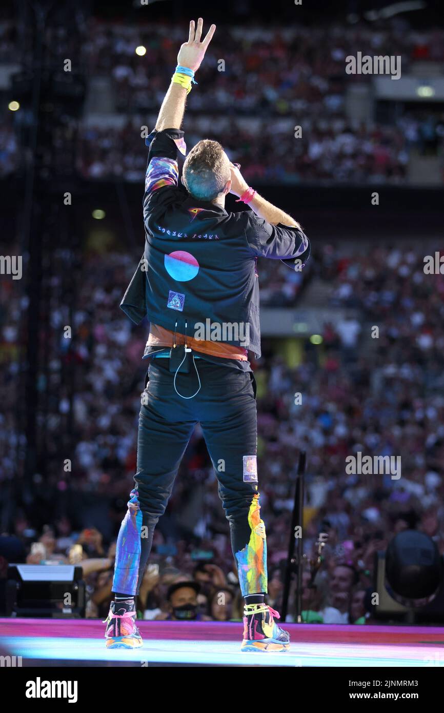 Coldplay performing on stage at Wembley Stadium, north London, during ...