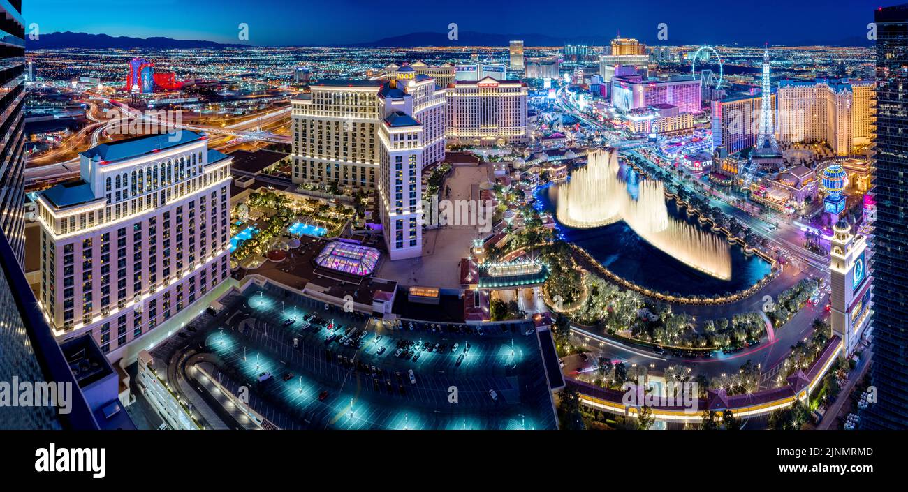 Aerial View of the Vegas Strip with The Bellagio Fountains and Hotel ...