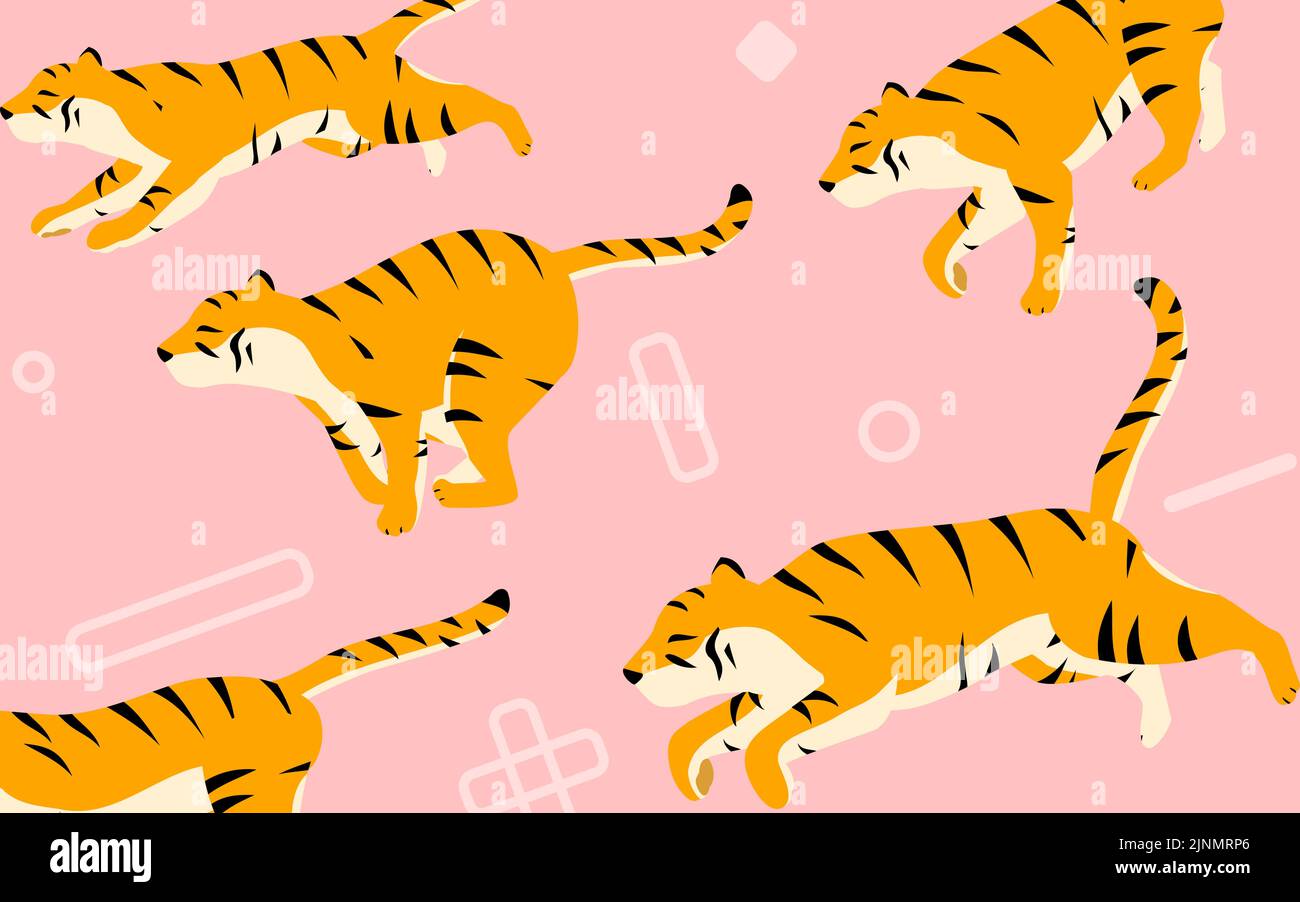 A flock of tigers running through, out of sight, pop symbols and a pink ...