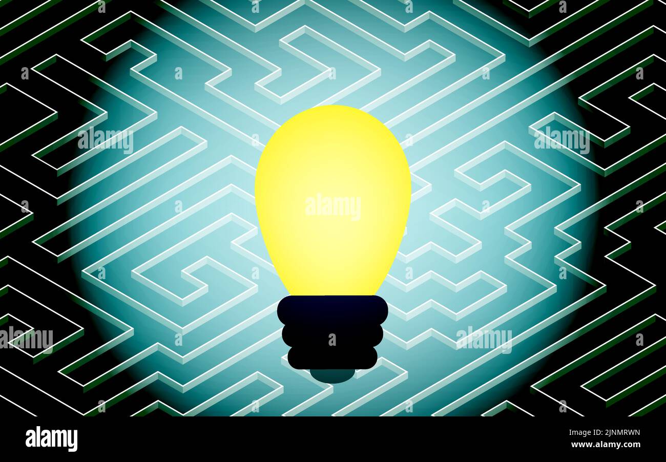 Image of coming up with a solution, maze and light bulb, isometric ...