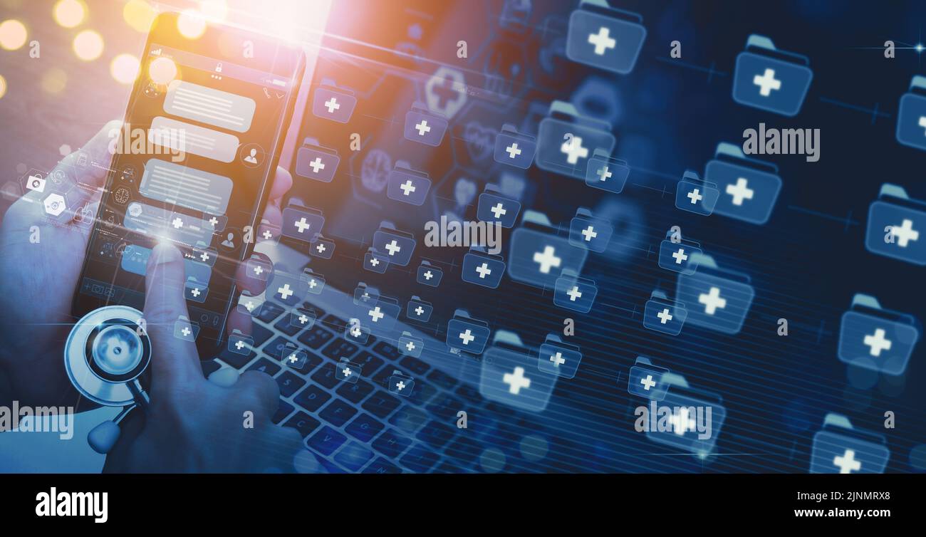 Medical doctor hand holding mobile phone Chatbot conversation app ...