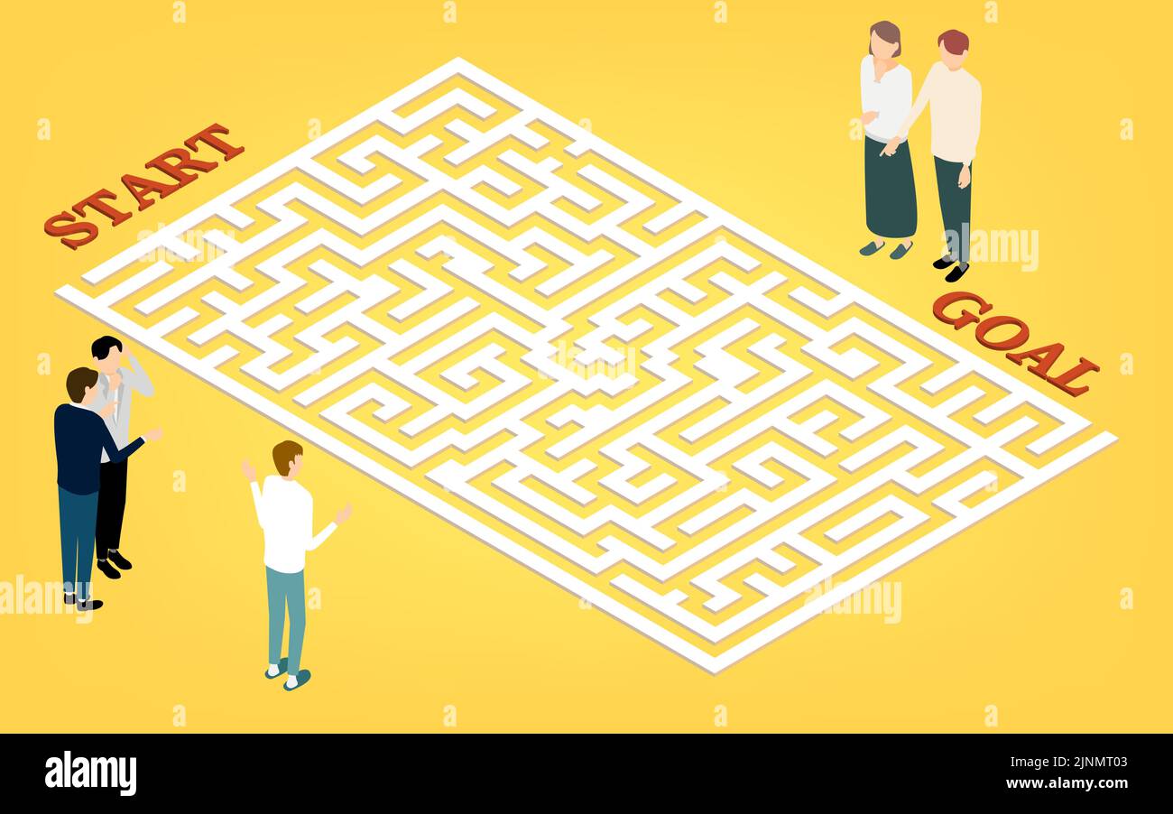 Illustrations of people trying to solve a three-dimensional maze ...