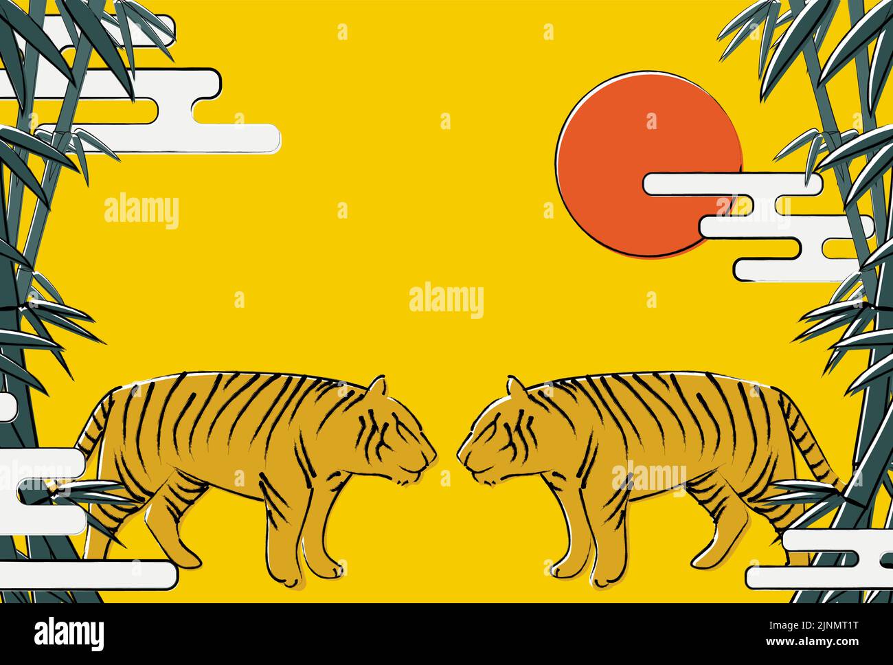 New Year's card of two tigers facing each other in the bamboo grove, 2022 Tiger year Stock ...