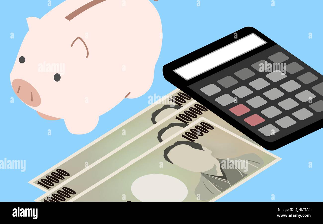 Educational image of money, piggy bank and calculator and cash ...