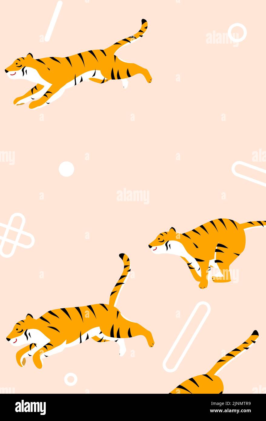 2022 New Year's card, tiger year, four tigers running through and a pattern of symbols ...
