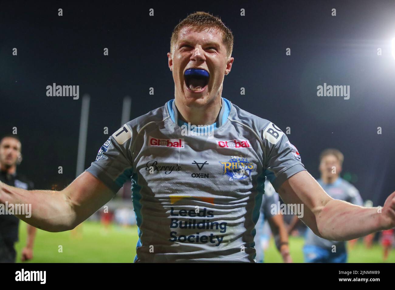 Morgan Gannon #21 of Leeds Rhinos celebrates his try in, on 8/12/2022 ...