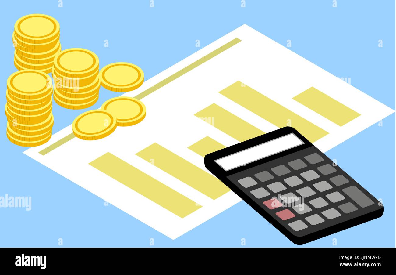 Isometric illustrations of bar graphs, calculators and coins Stock ...