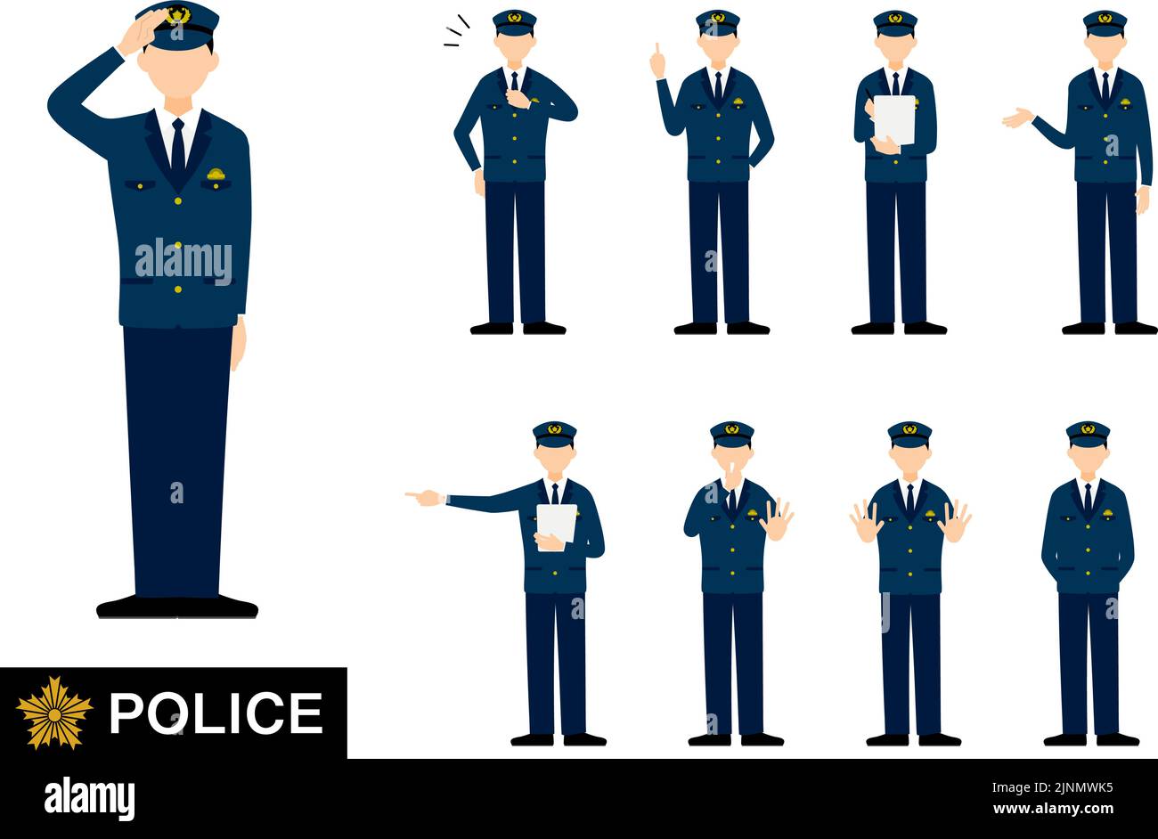 9 posed sets of young male police officers, saluting, stopping ...