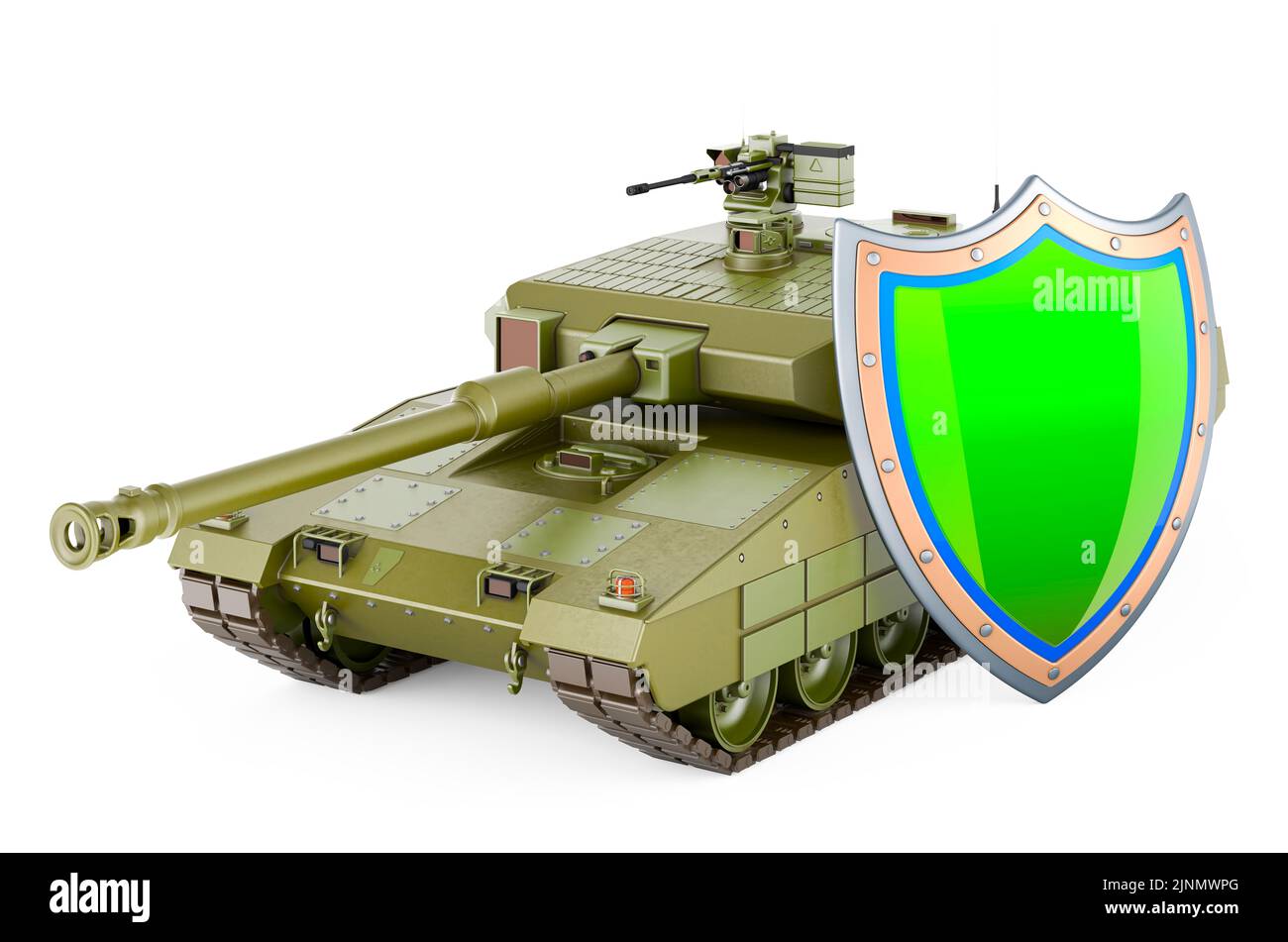 Battle tank with shield, 3D rendering isolated on white background ...