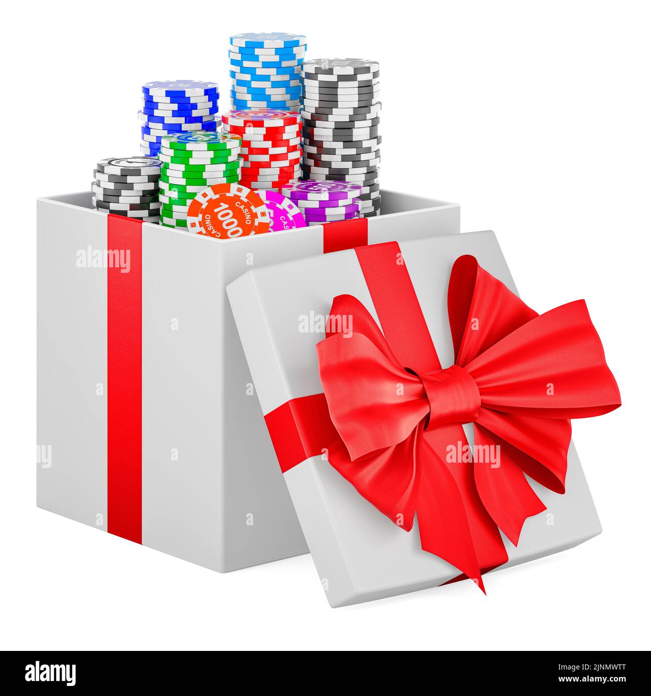 Casino tokens inside gift box, present concept. 3D rendering isolated ...