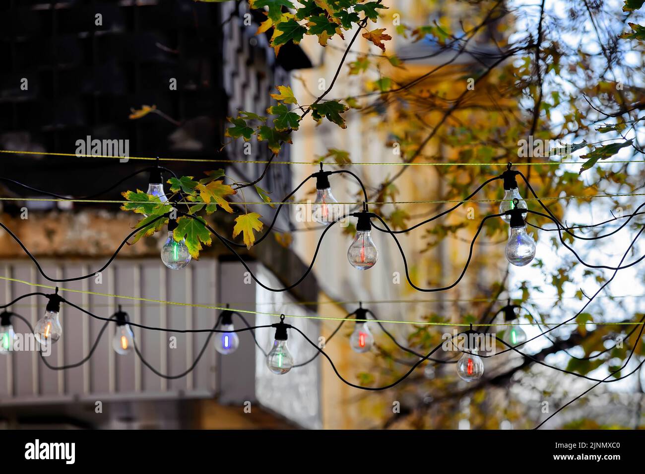 Streetlight garland of colorful neon bulbs Stock Photo - Alamy