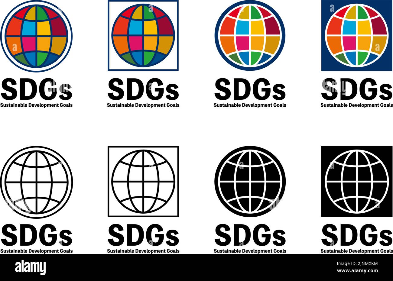 SDGs, Earth icons and logos in prescribed colors for 17 goals, 8 types ...