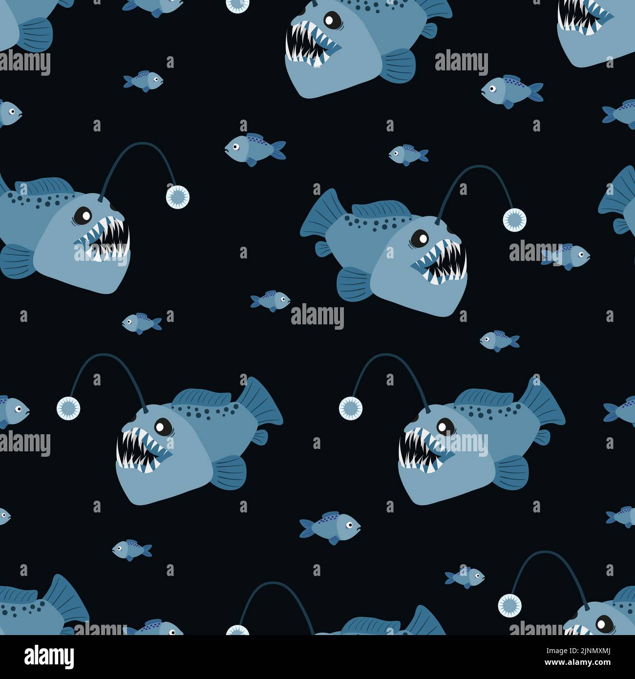 Seamless cartoon angler fish pattern. Vector marine background with ...