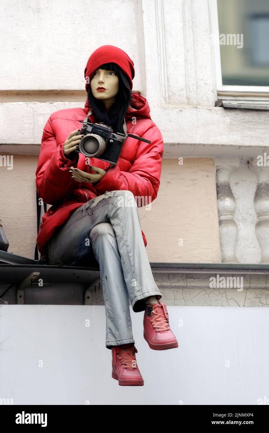 Female dummy with photo camera on building facade in Kyiv Ukraine Stock ...