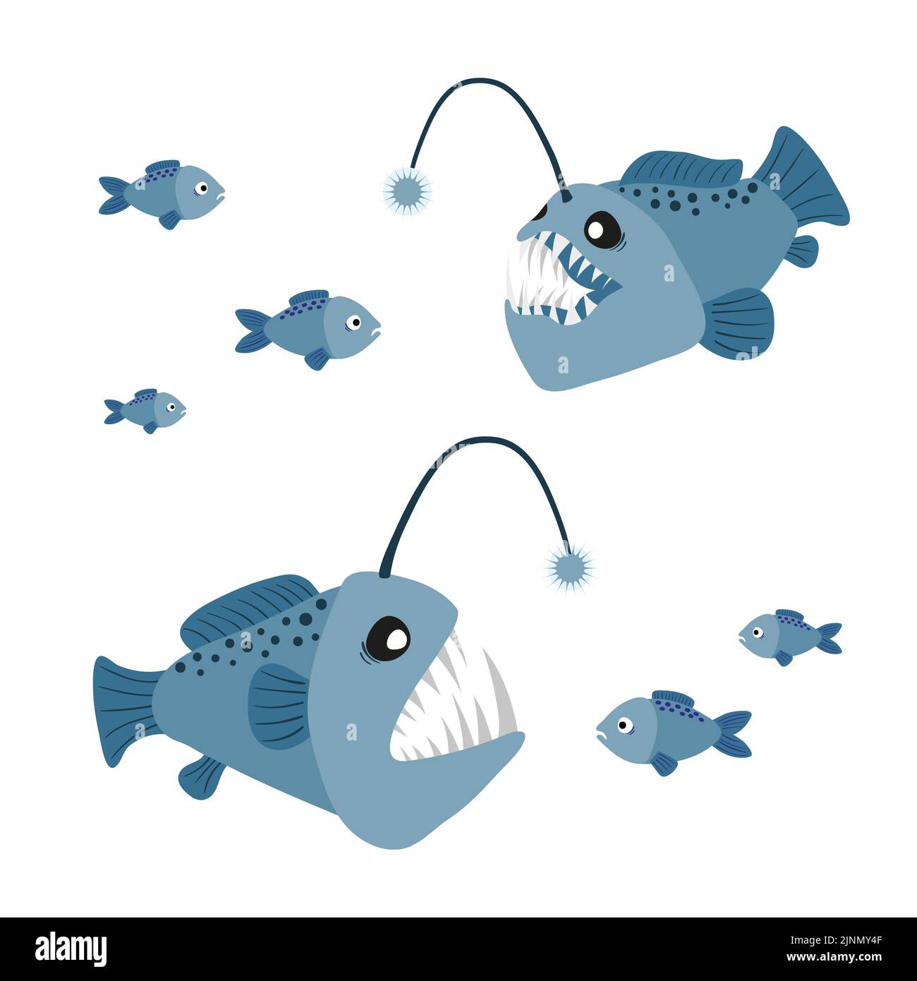 Cartoon angler fish set. Vector illustration of anglerfish characters ...