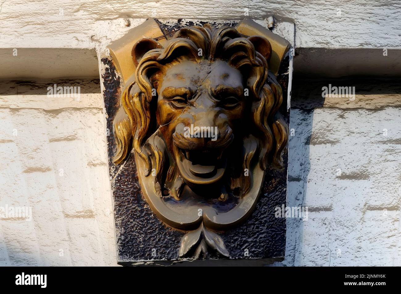 Glazed majolica lion mascaron closeup on building facade in Kyiv ...