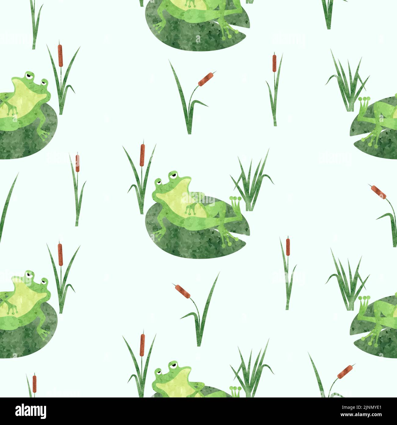 Funny frog pattern. Seamless vector marsh background with toad on lily ...