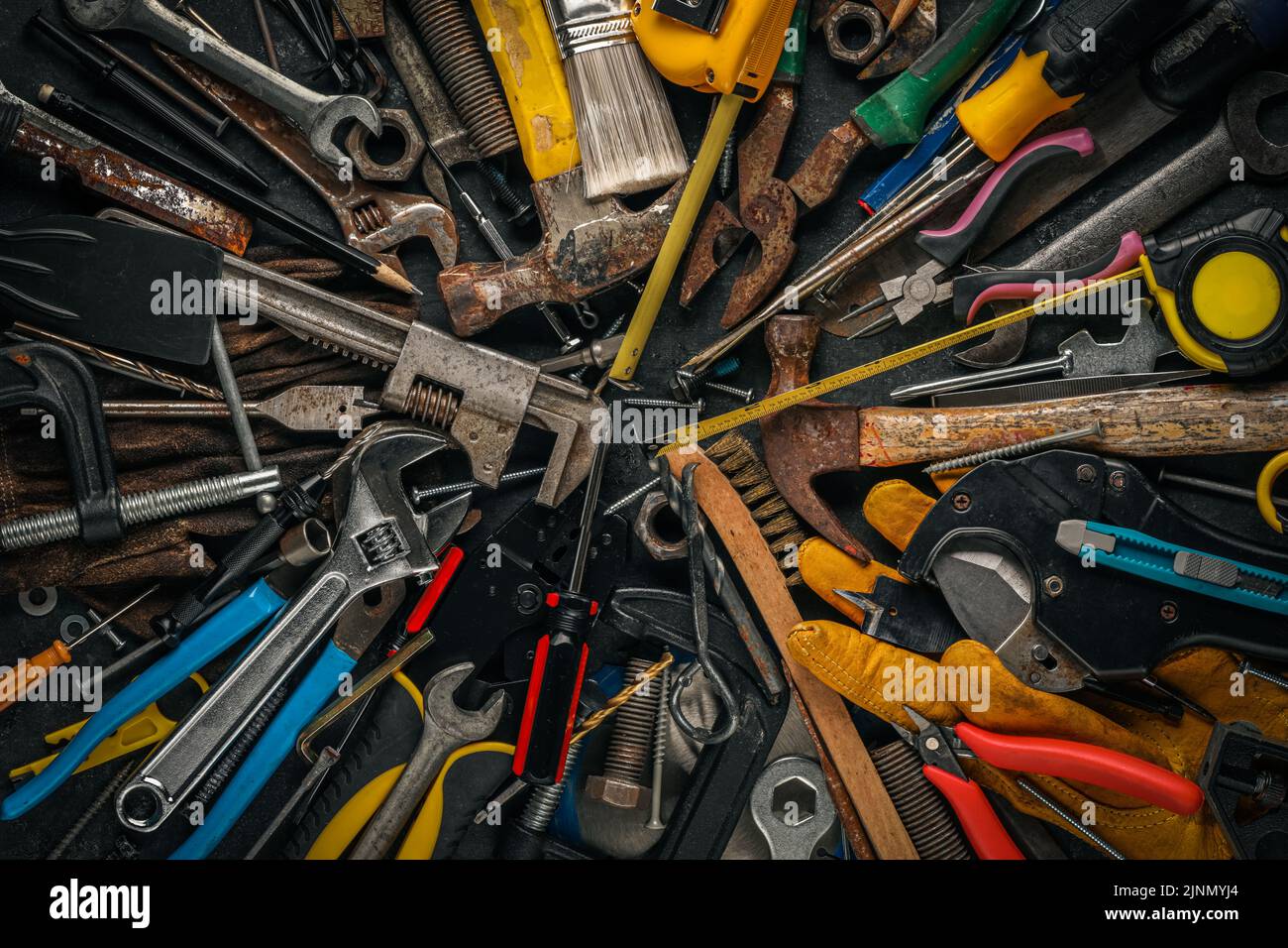 Collection of old and worn work tools. Home improvement, Father's day ...