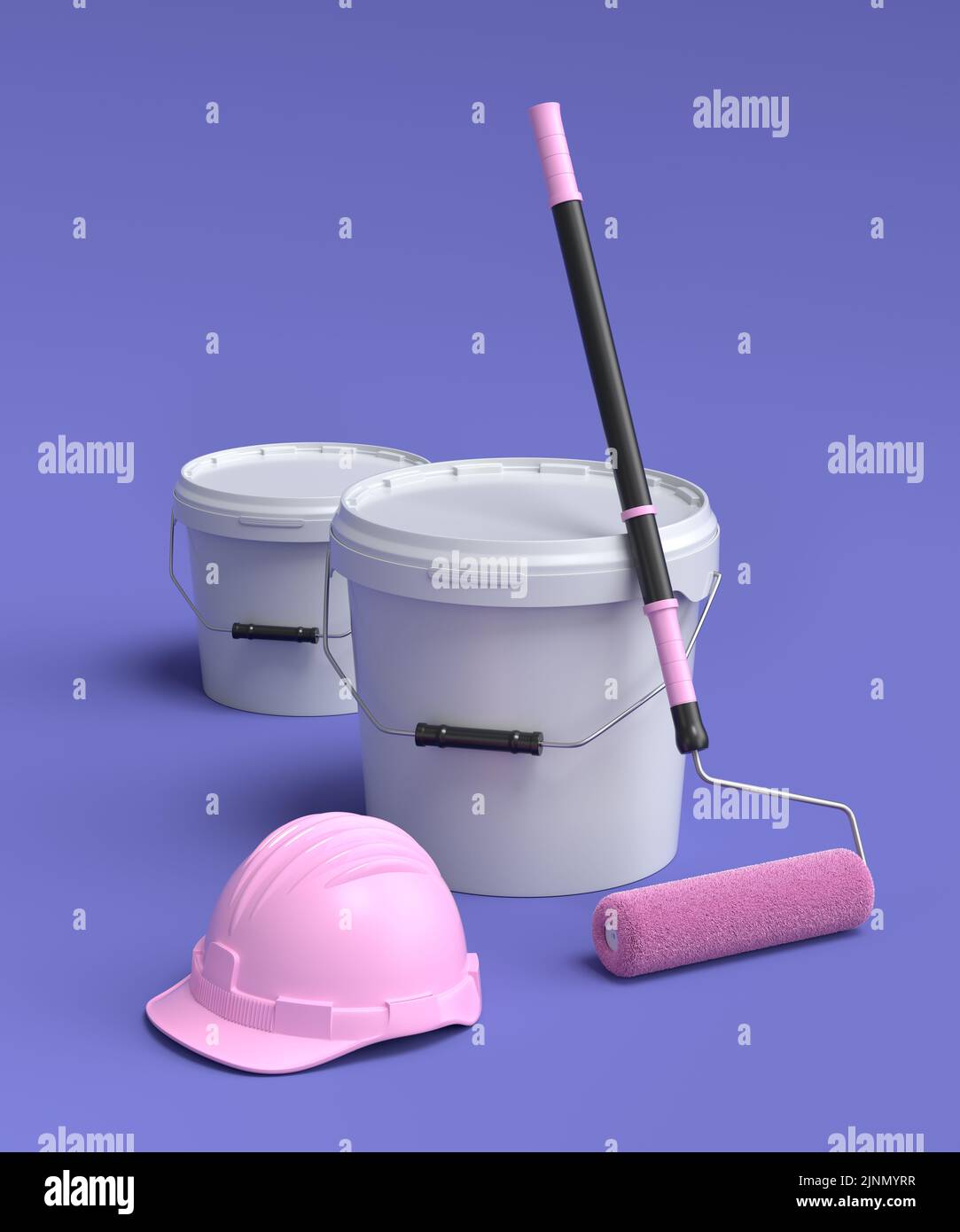 Set of safety helmet, bucket with paint rollers and brushes on violet ...