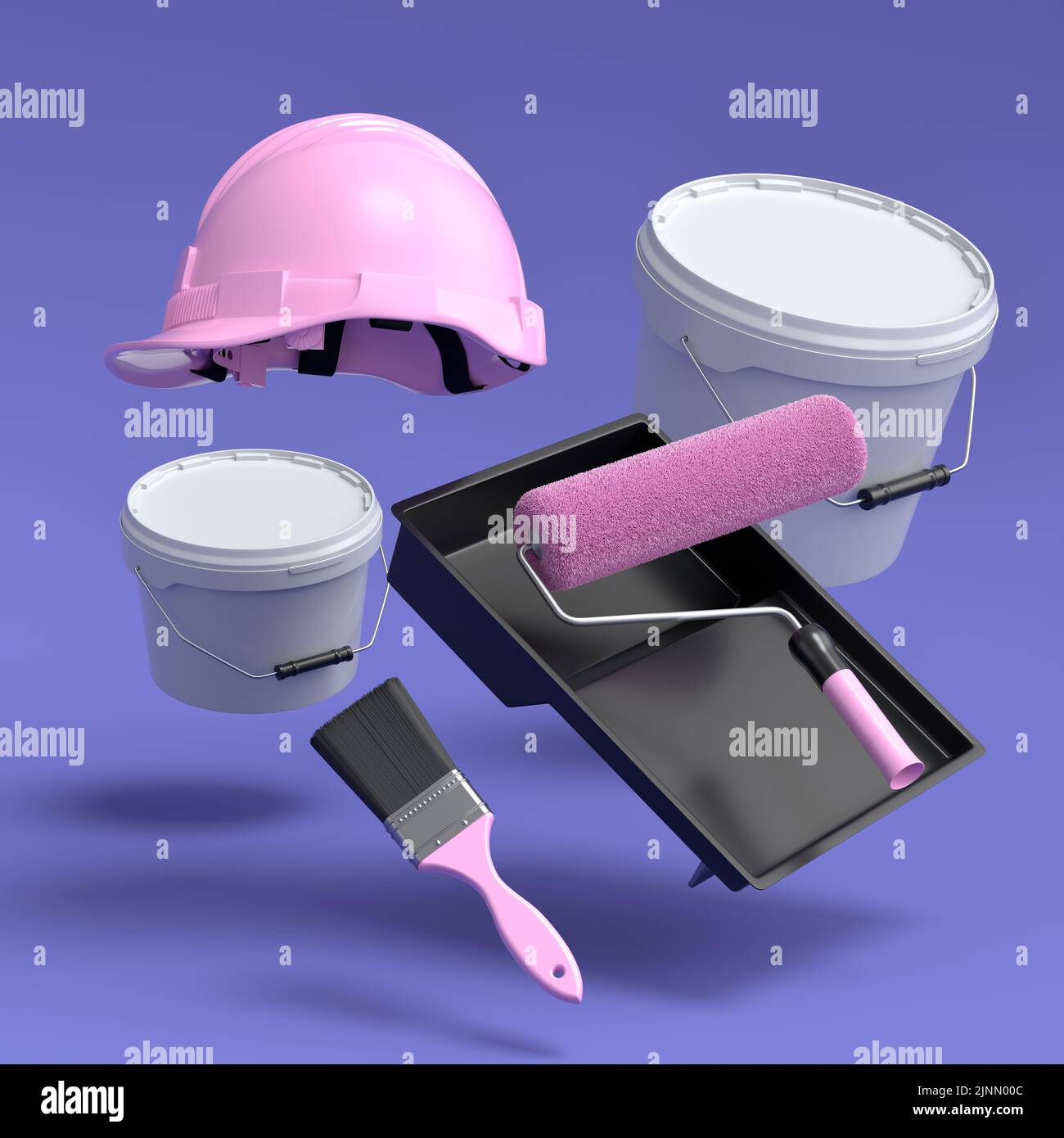 Set of safety helmet, bucket, tray with paint rollers and brushes on ...