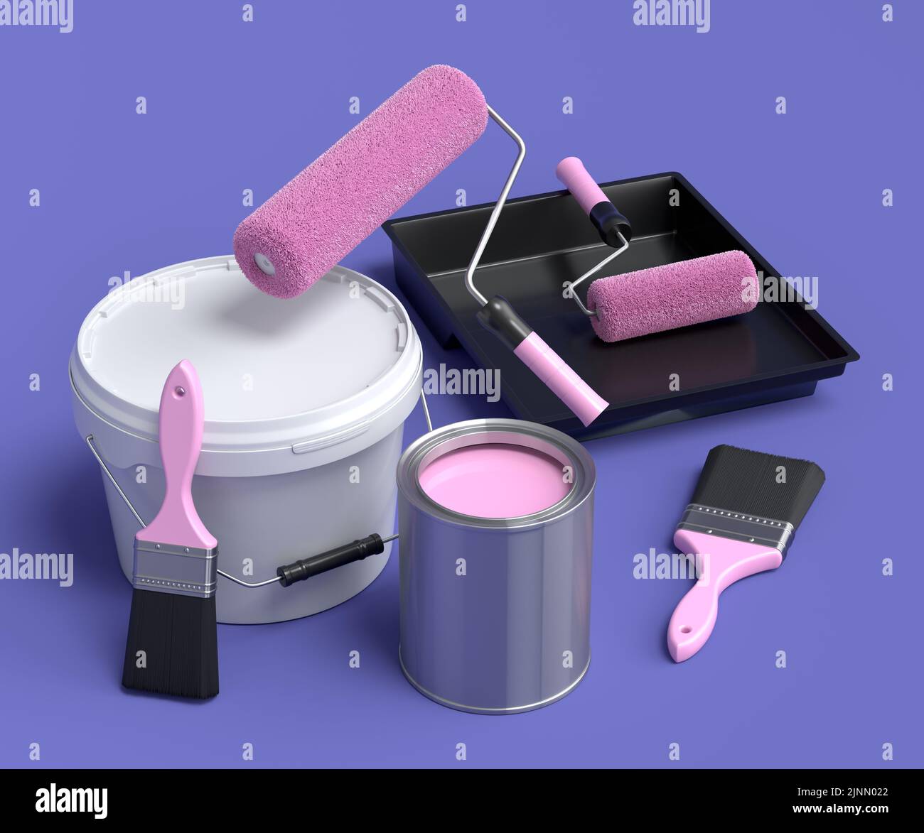 Set of safety helmet, bucket with paint rollers and brushes on violet ...