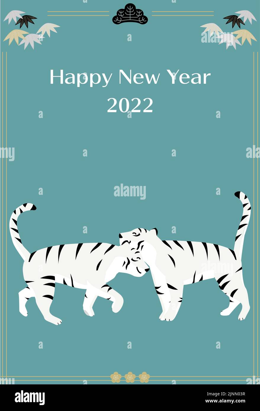 New Year's card with two white tigers greeting each other, 2022 Tiger - Translation: Happy New ...